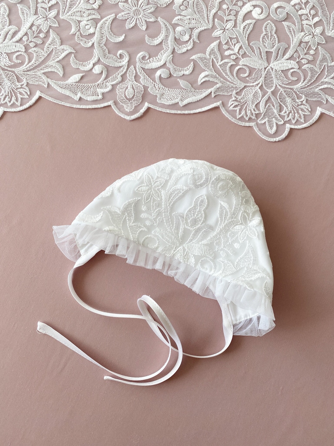 Lace Christening Bonnet: Baby Baptism Hat, Natural Cotton - Etsy