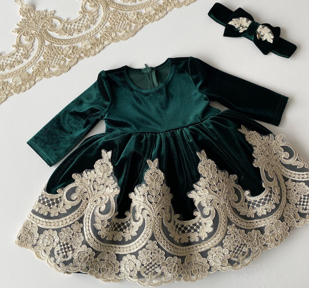 Girls' Green Velour Christmas Dress: Lace Detail, Matching Headband - Etsy