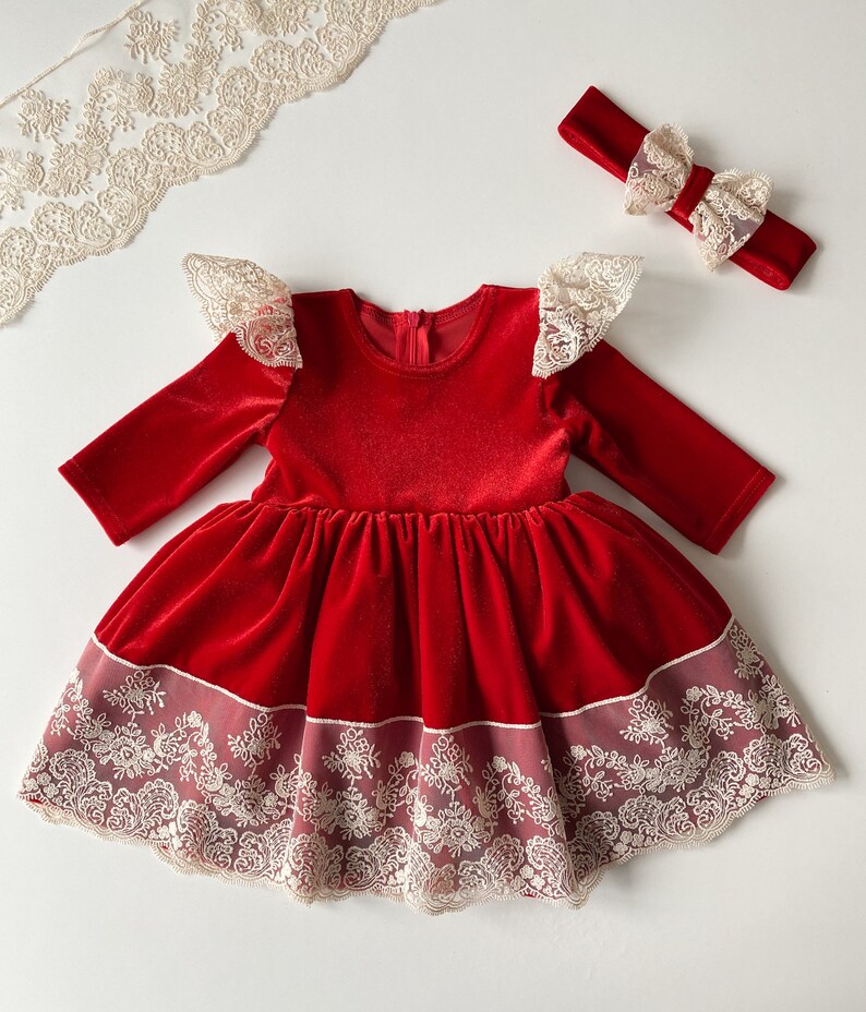 Red Velour Christmas Dress: Handmade Lace Holiday Outfit - Etsy