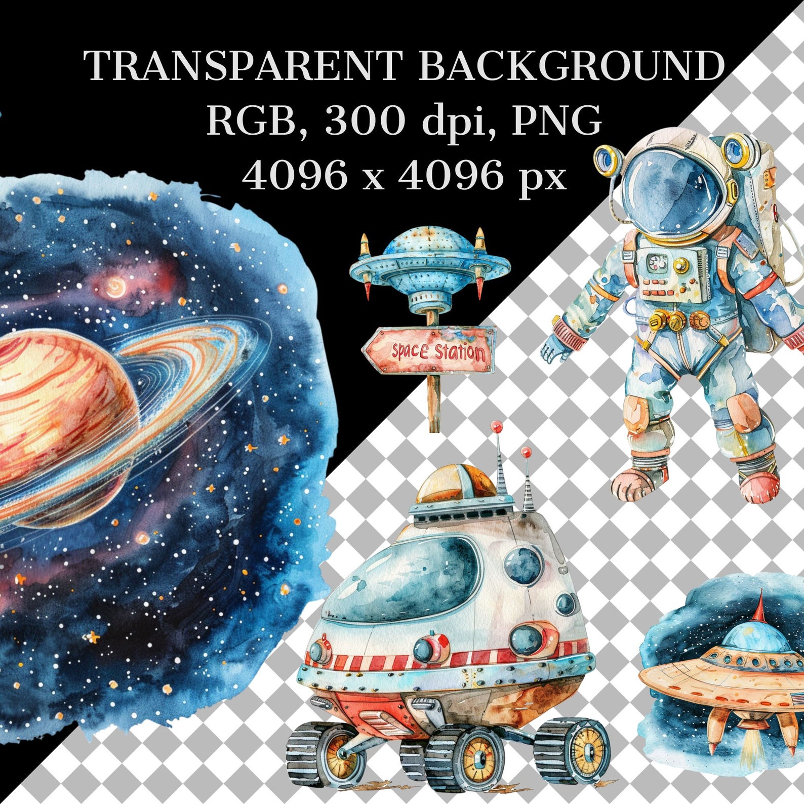 Watercolor Space Clipart Bundle, Nursery Decor, Space Birthday ...