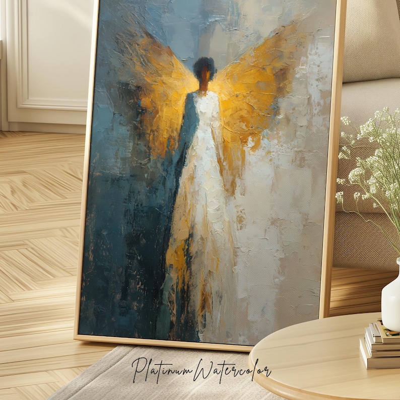Angel Oil Painting Poster – Abstract Art Print, Golden Wings, Modern ...