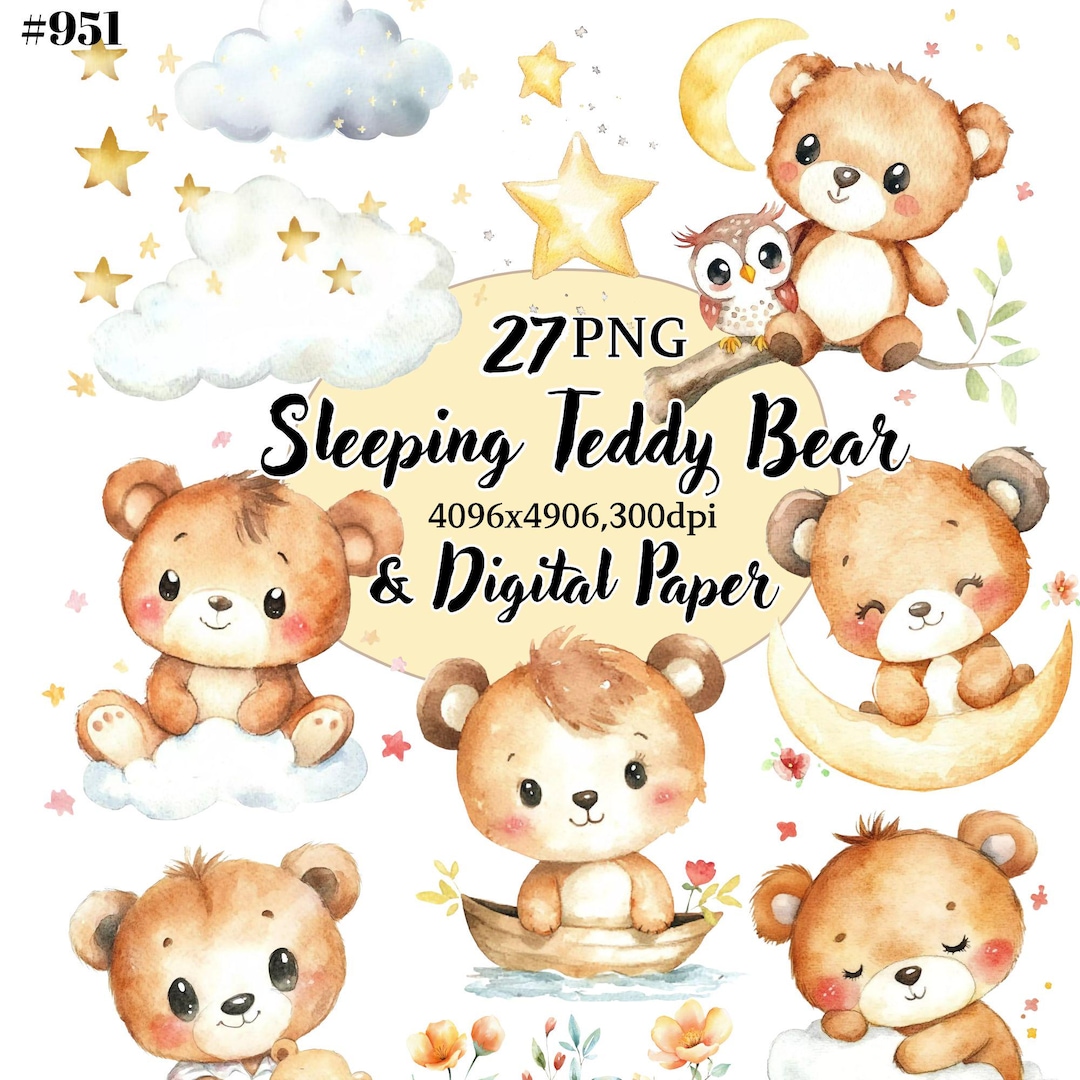 Teddy Bear Clipart, Watercolor Clipart, Sleeping Teddy Bears and ...