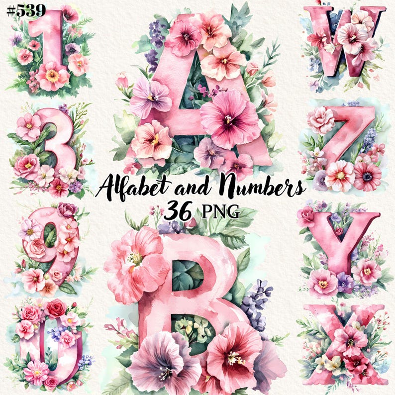 Floral Alphabet Png, Flower Watercolor, Letters Png, Numbers Png ...