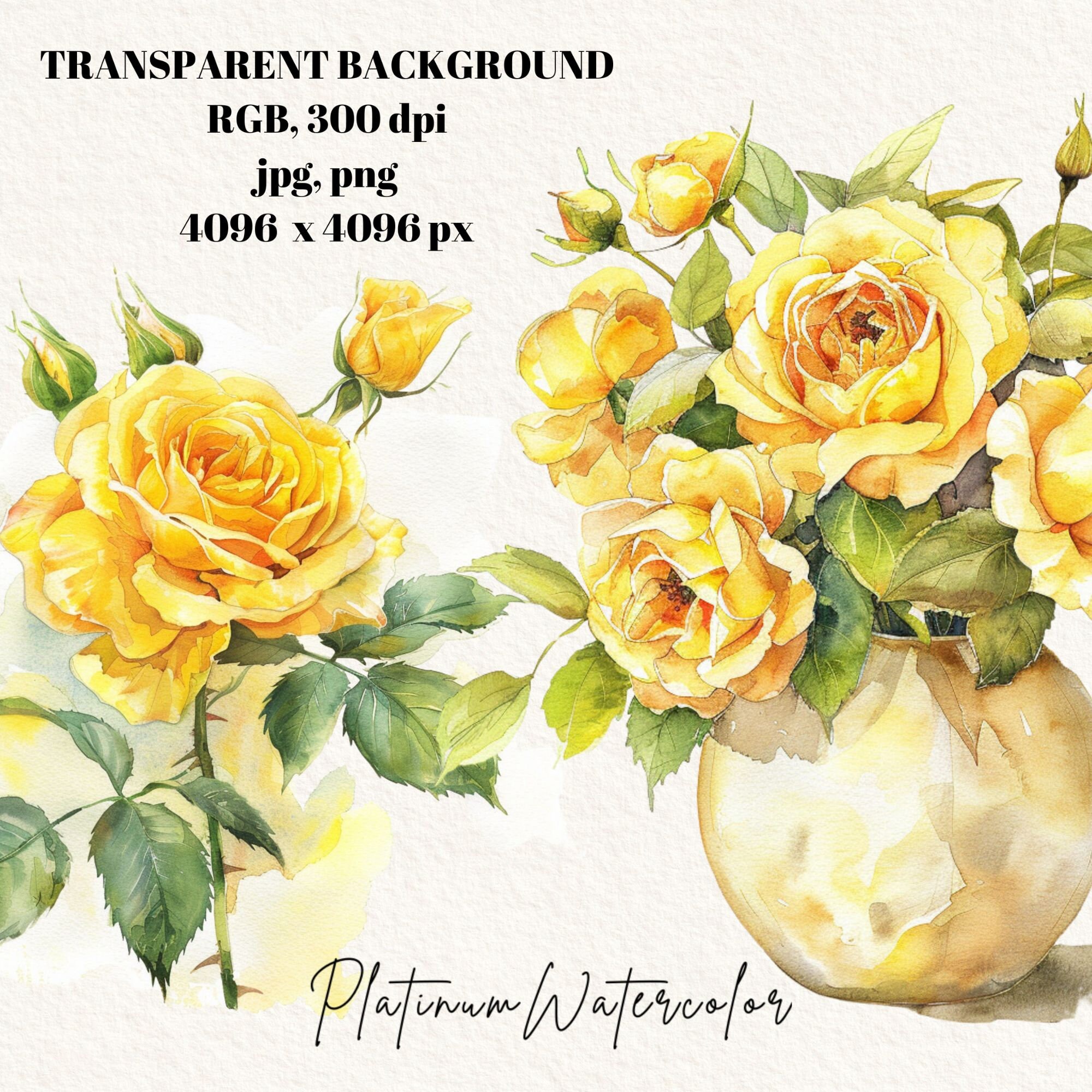 Flower Vase, Yellow Roses Clipart Png, Watercolor Yellow Rose Clipart ...