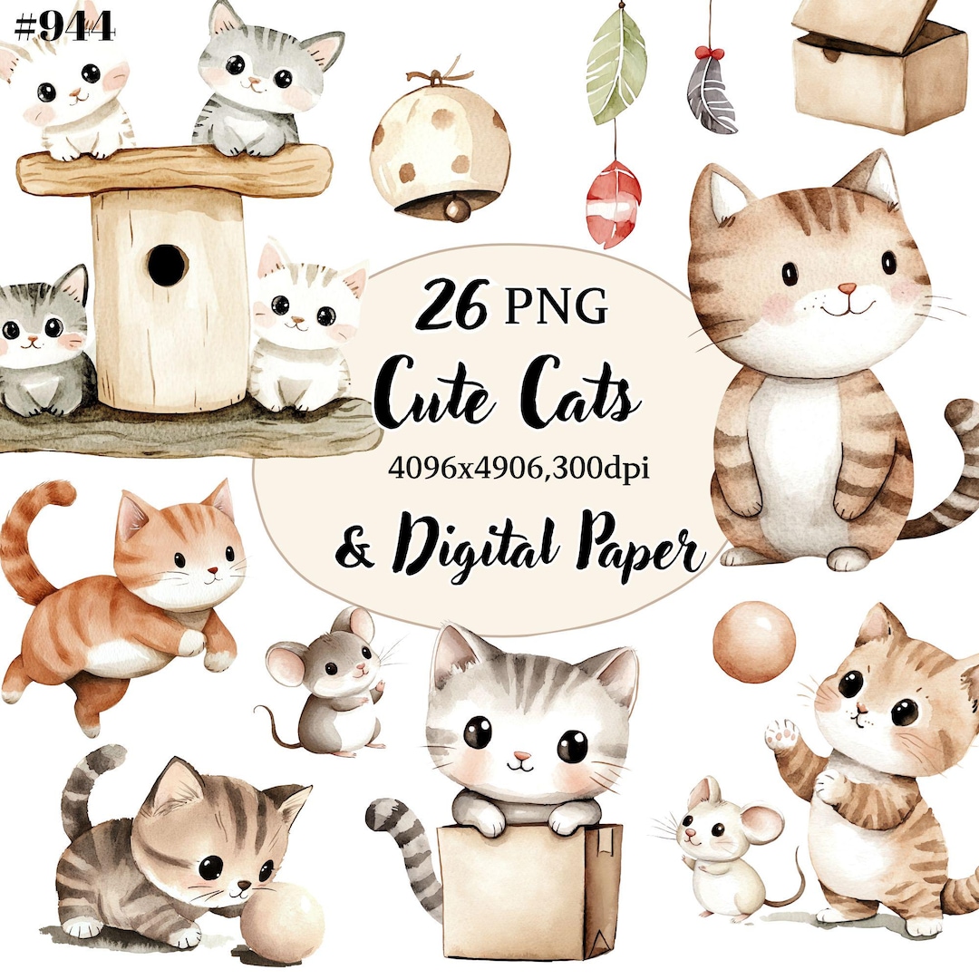 Cat Png, Cute Clipart, Cat Lover PNG, Watercolor Cat Clipart Set and ...