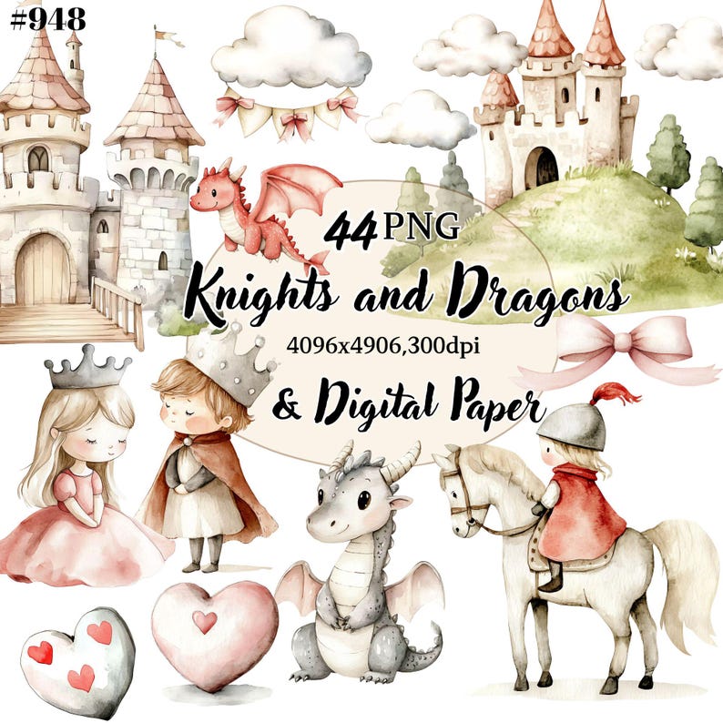 Dragon Birthday Png, Knight Watercolor Clipart Ideal for Scrapbooking ...