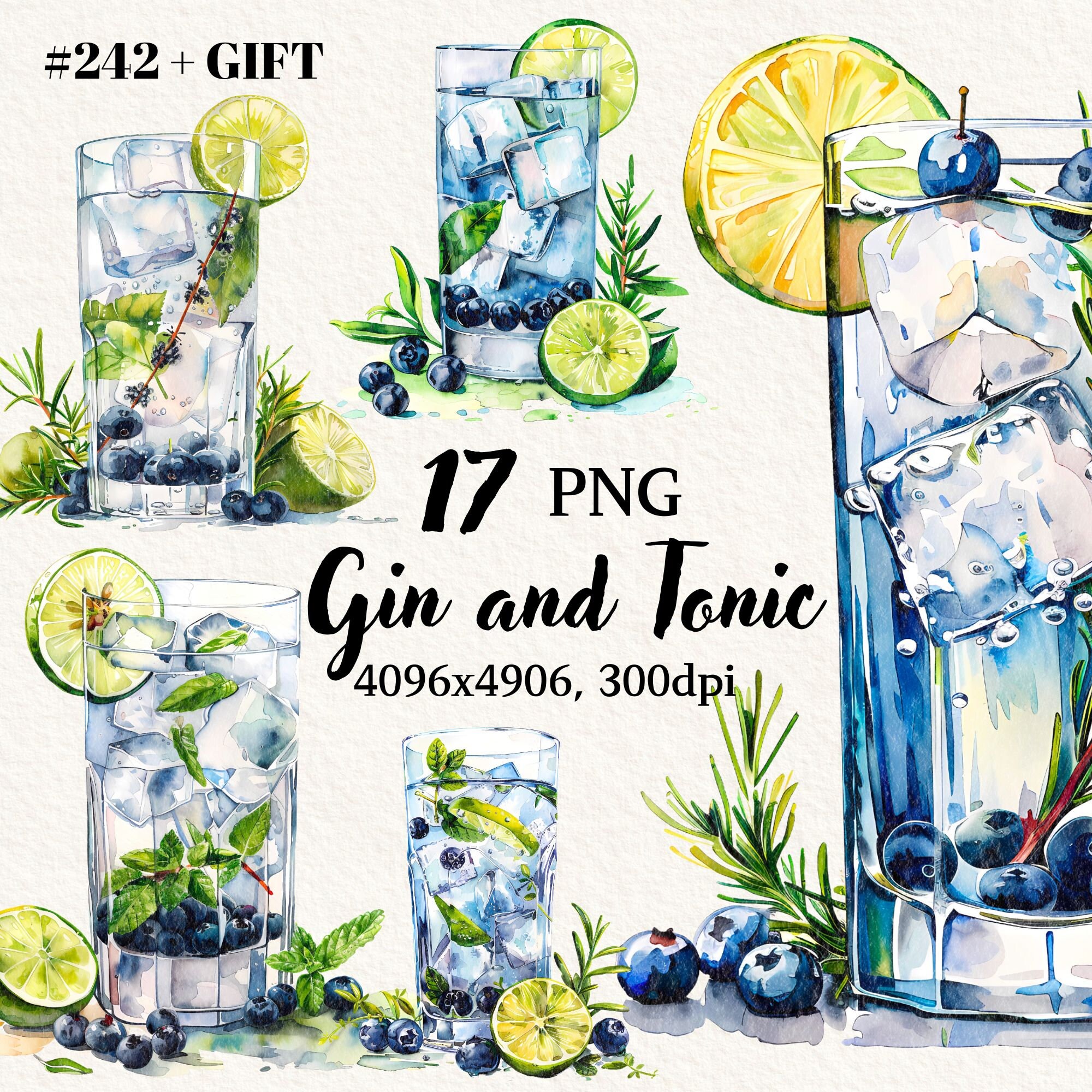 Gin and Tonic Watercolor Clipart Bundle, Gin and Tonic Png, Transparent ...