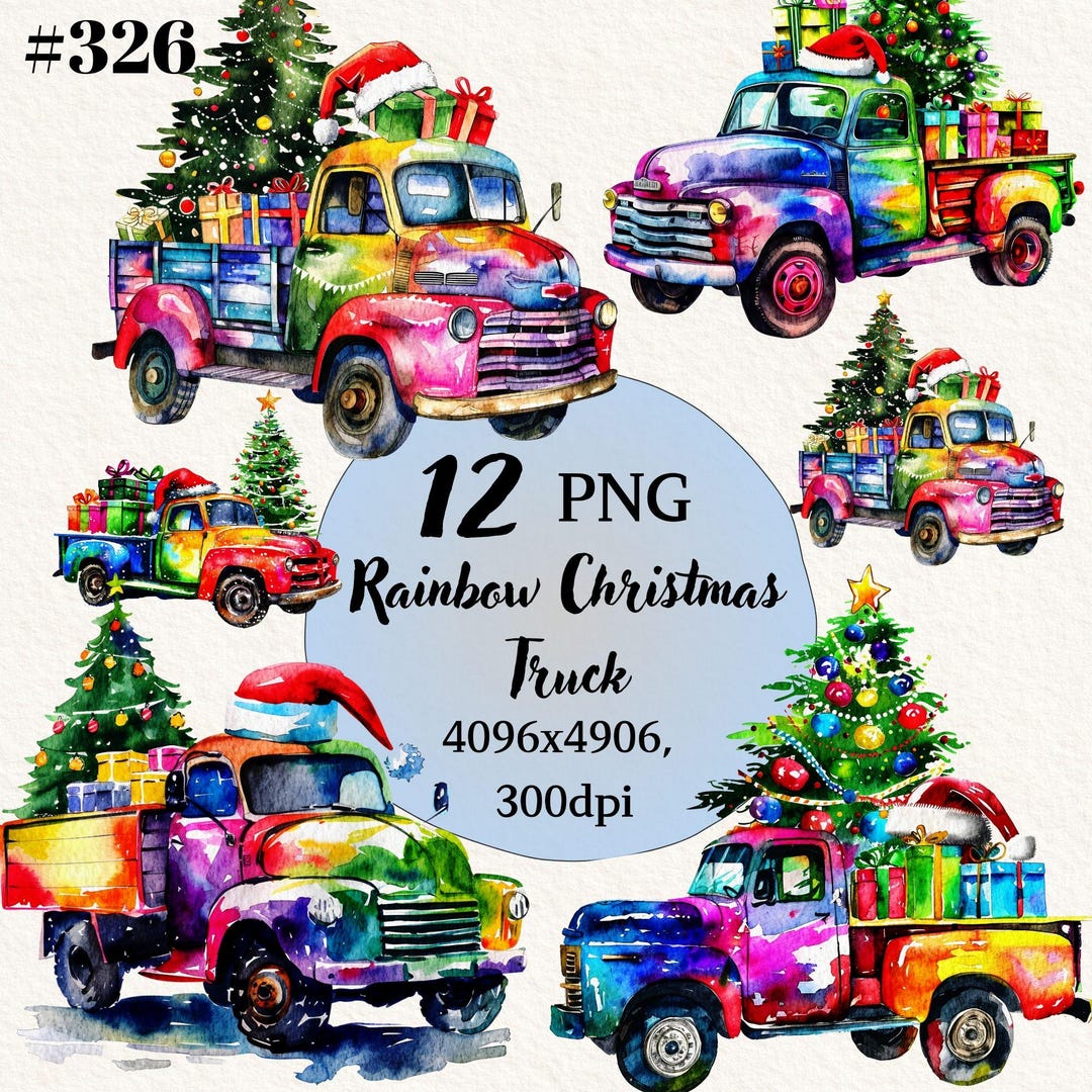 Watercolor Rainbow Christmas Truck, Christmas Clipart, Transparent ...