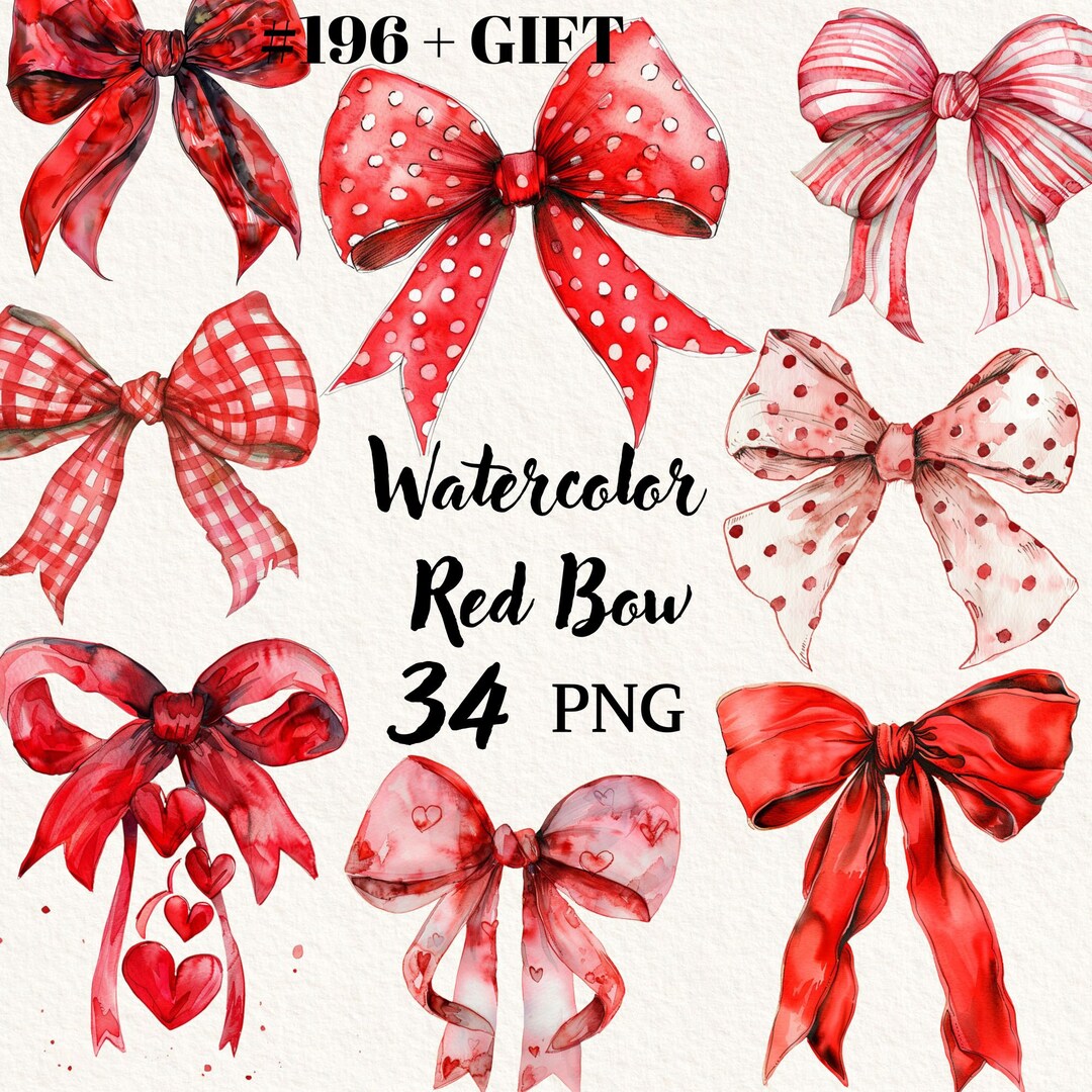 Watercolor Red Bow Clipart Bundle, Birthday Gift Png, Bow Clip Art ...