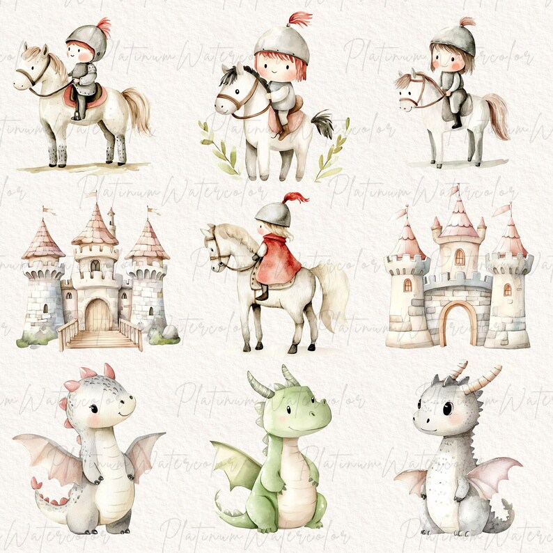 Dragon Birthday Png, Knight Watercolor Clipart Ideal for Scrapbooking ...