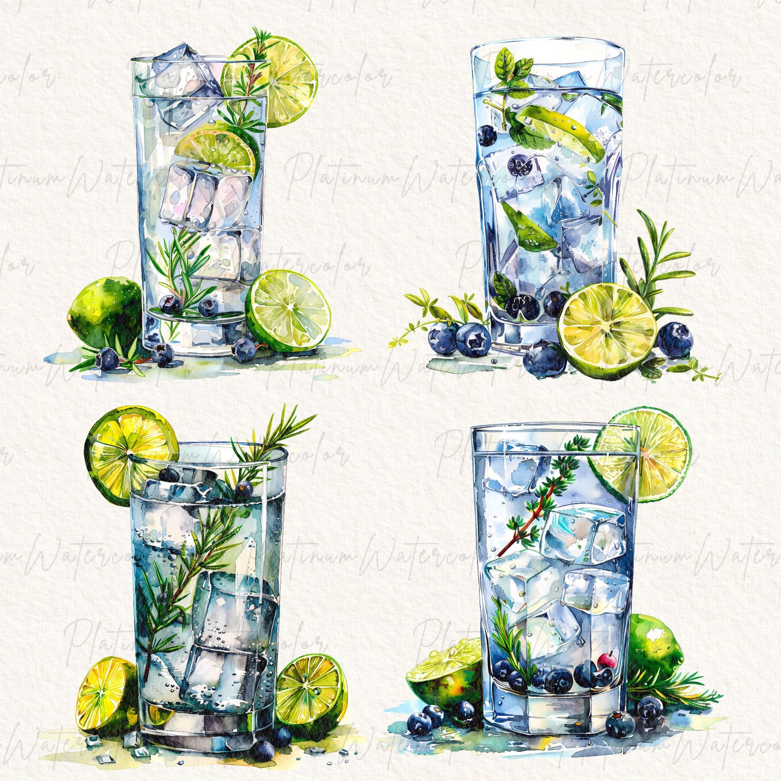 Gin and Tonic Watercolor Clipart Bundle, Gin and Tonic Png, Transparent ...
