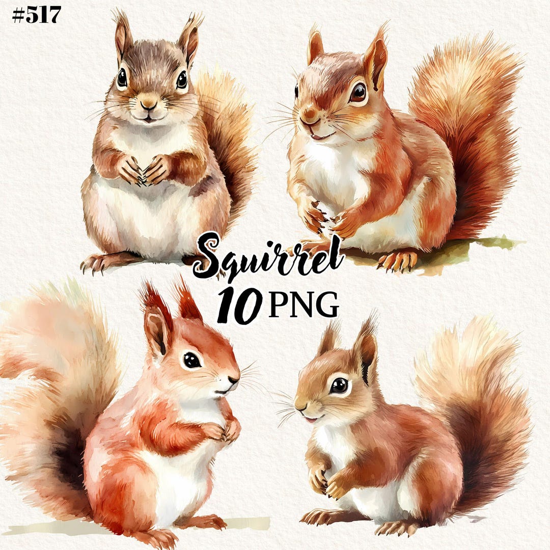 Adorable Watercolor Squirrels - 10 Fall Clipart Designs for Commercial ...