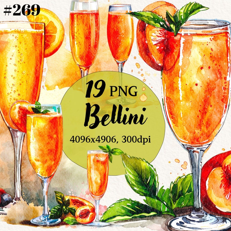 Bellini Signature Drink, Clipart Bundle, Watercolor Drink, Transparent ...