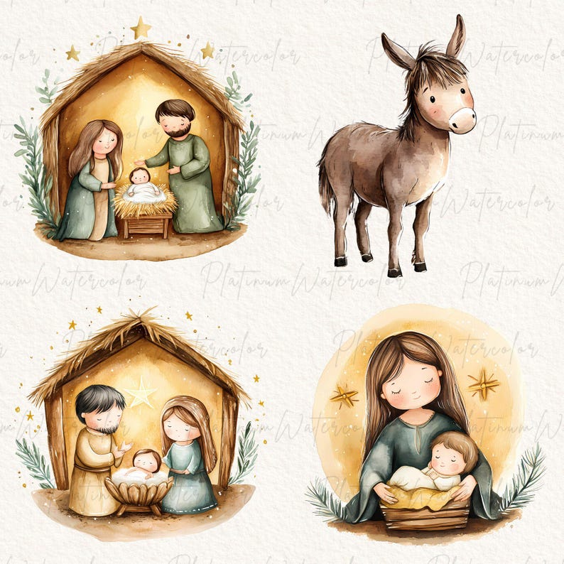 Nativity Set Clipart Bundle, Watercolor Christmas Clipart, Transparent ...
