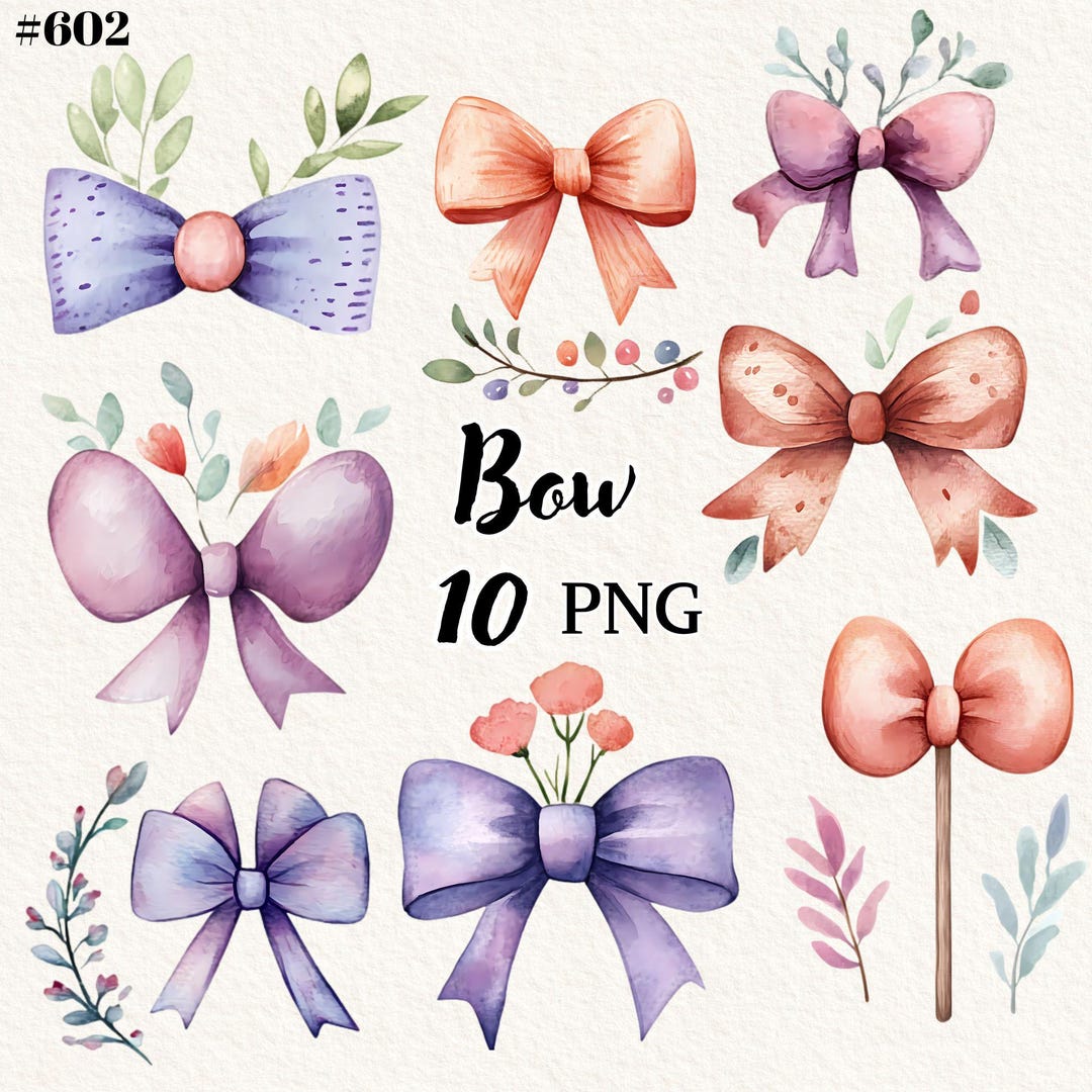 Watercolor Bow Clipart Bundle, Bow PNG, Charming Ribbon Watercolor ...