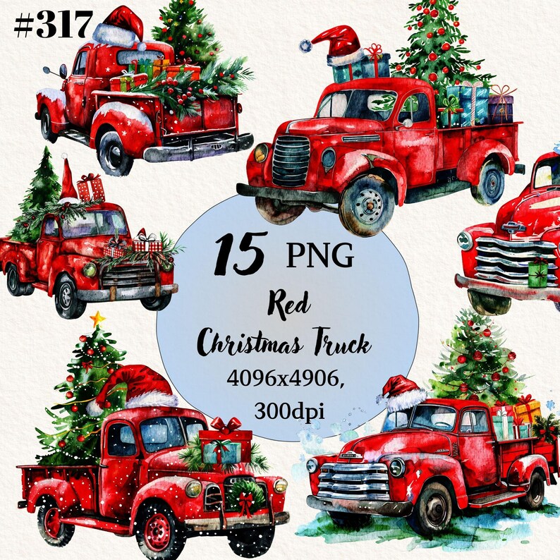 Watercolor Red Christmas Truck Clipart Bundle, Transparent Background ...