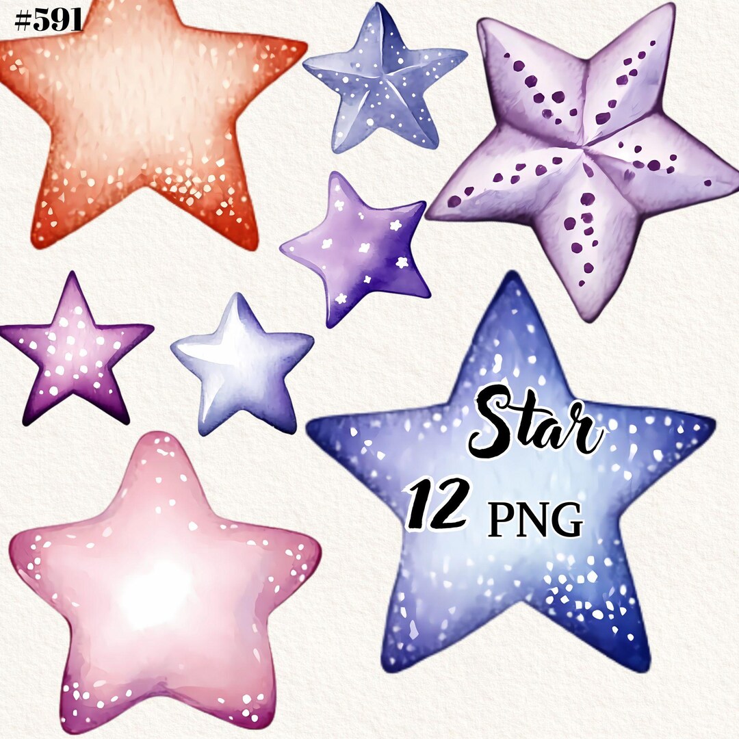Whimsical Watercolor Star Clipart - 12 Pngs for Creative Projects - Etsy