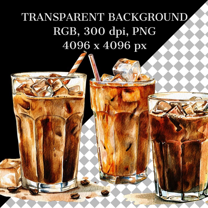 Watercolor Iced Coffee Clipart Bundle, Coffee Art Png, Transparent ...