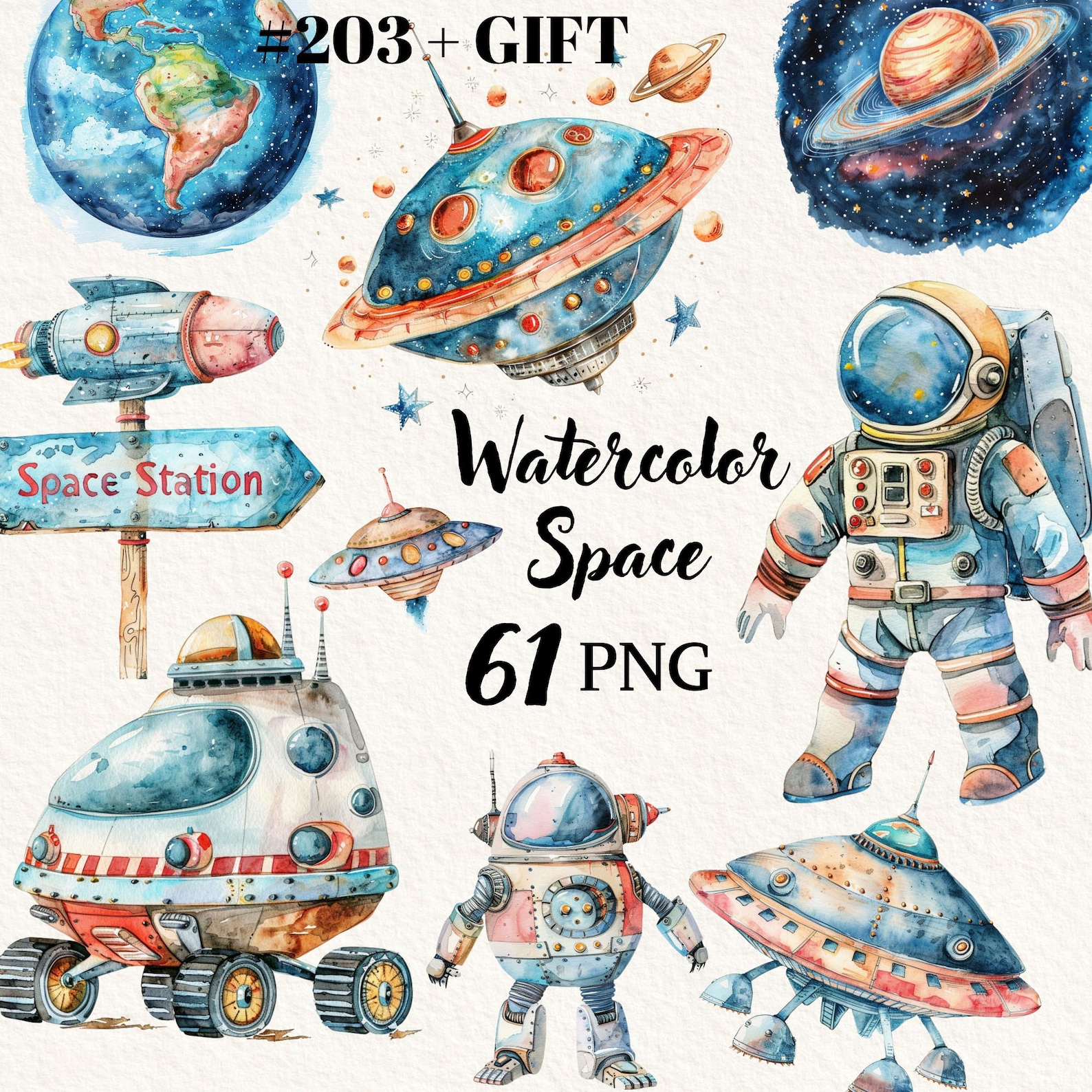 Watercolor Space Clipart Bundle, Nursery Decor, Space Birthday ...
