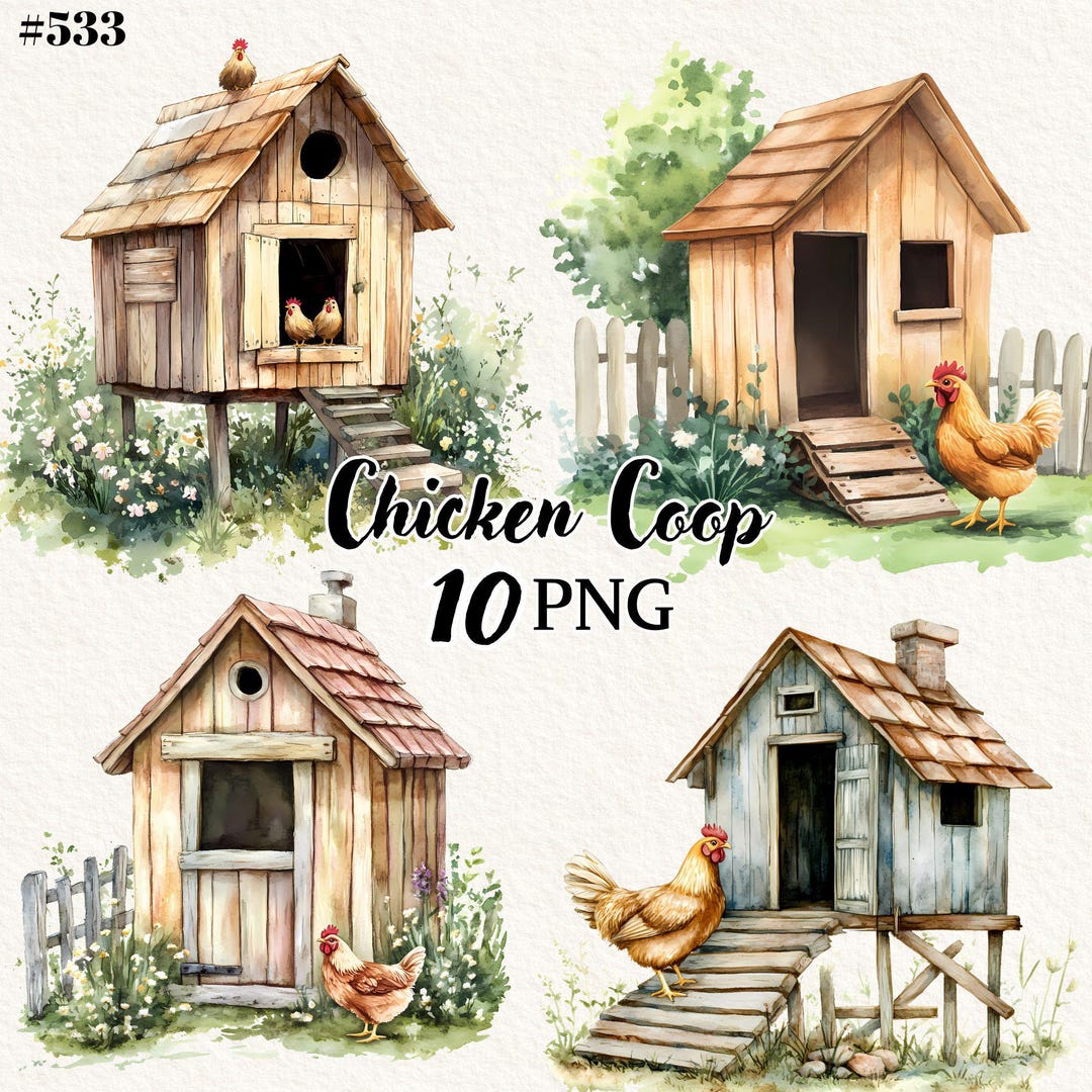 Chicken Coop Clipart, Watercolor Clipart, 10 PNG, Clipart Bundle ...