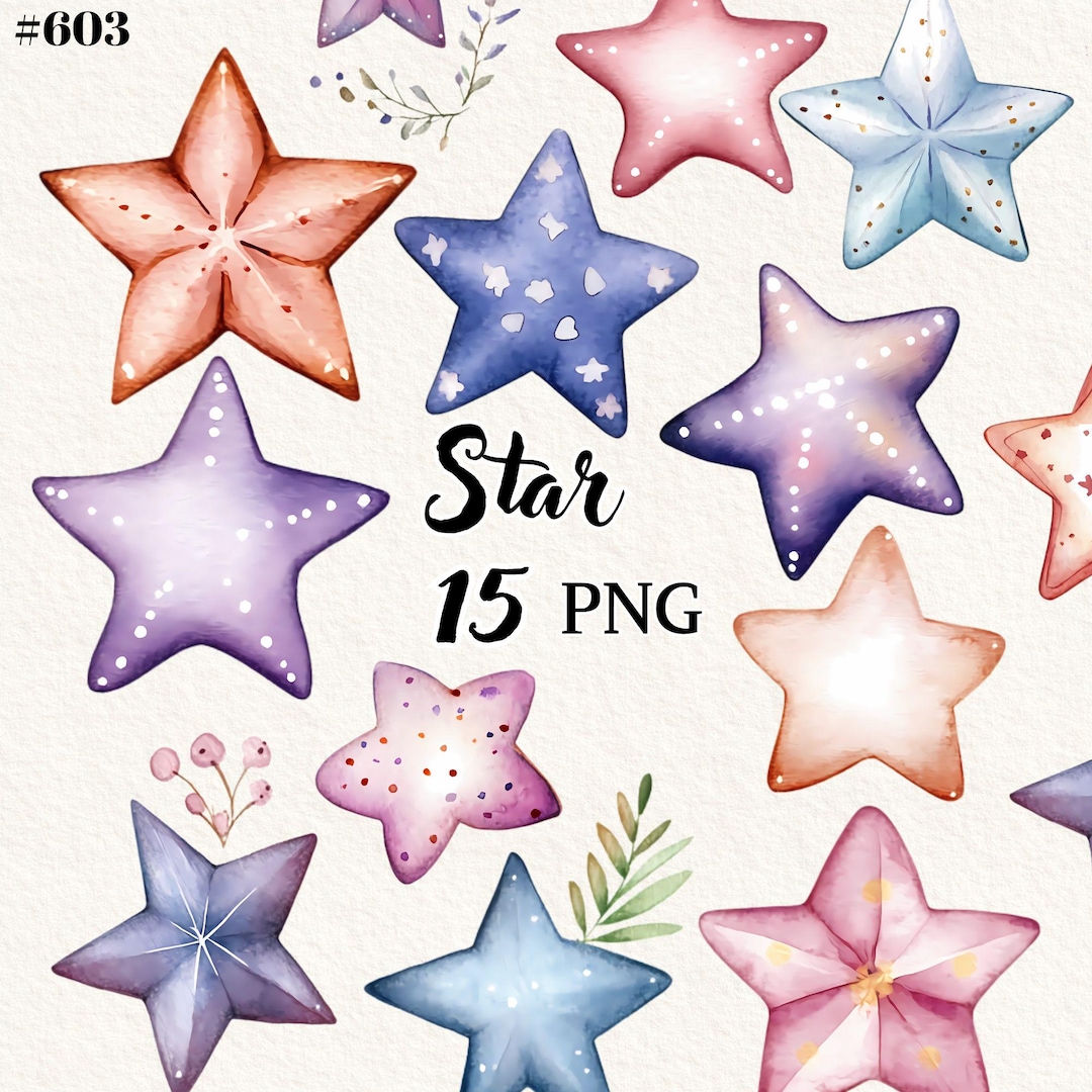 Whimsical Watercolor Star Clipart - 15 Pngs for Creative Projects - Etsy