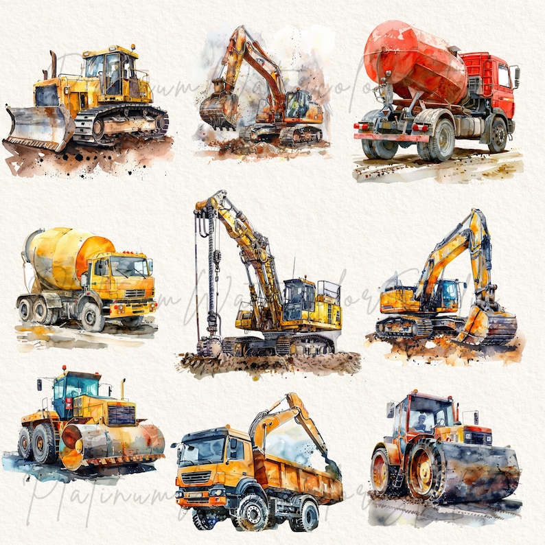 Watercolor Construction Vehicles Clipart, Protective Clothing, Tractor ...