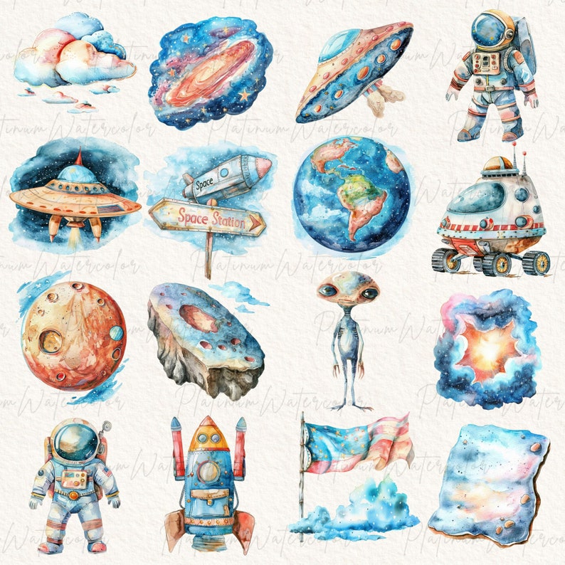 Watercolor Space Clipart Bundle, Nursery Decor, Space Birthday ...