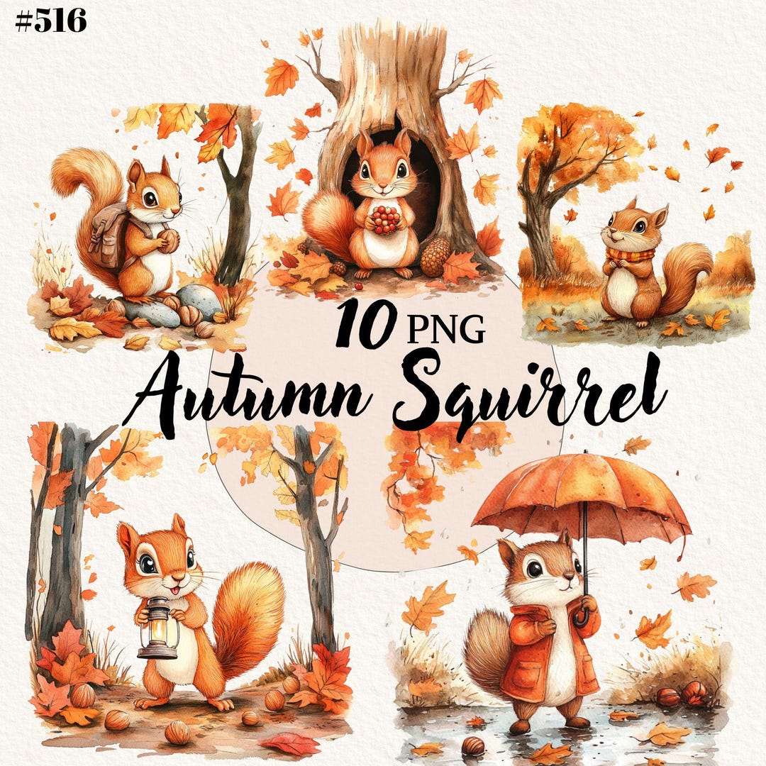 10 Squirrel Watercolor Clipart, Fall Clipart, Fall Png, Transparent ...