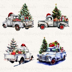 Watercolor White Christmas Truck, Clipart Bundle, Transparent ...
