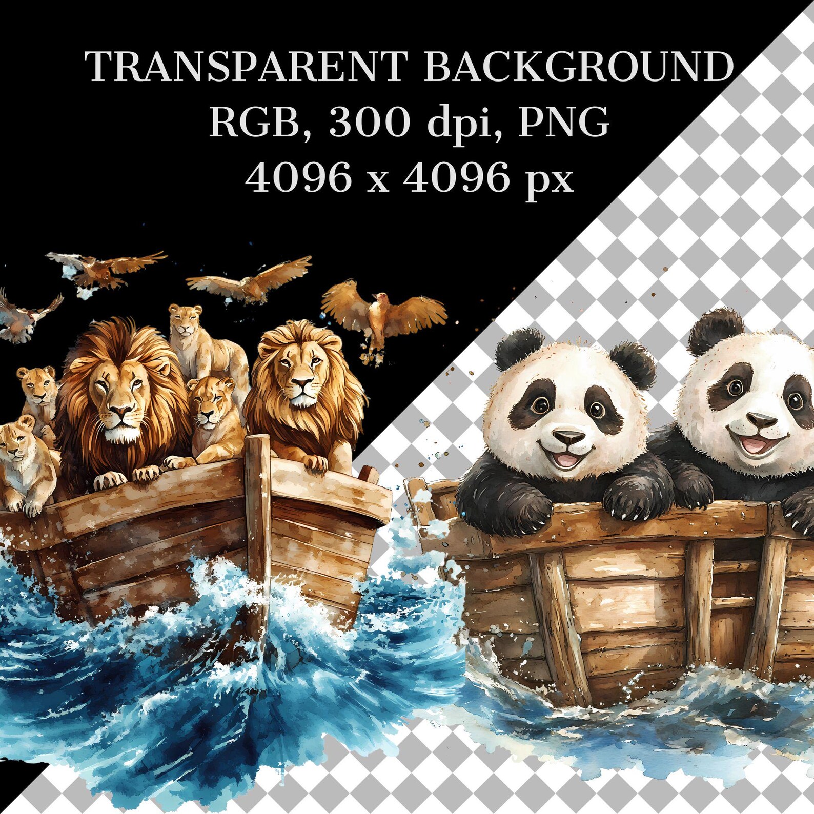 Noah's Ark PMG, Watercolor Clipart Bundle, Transparent Background ...