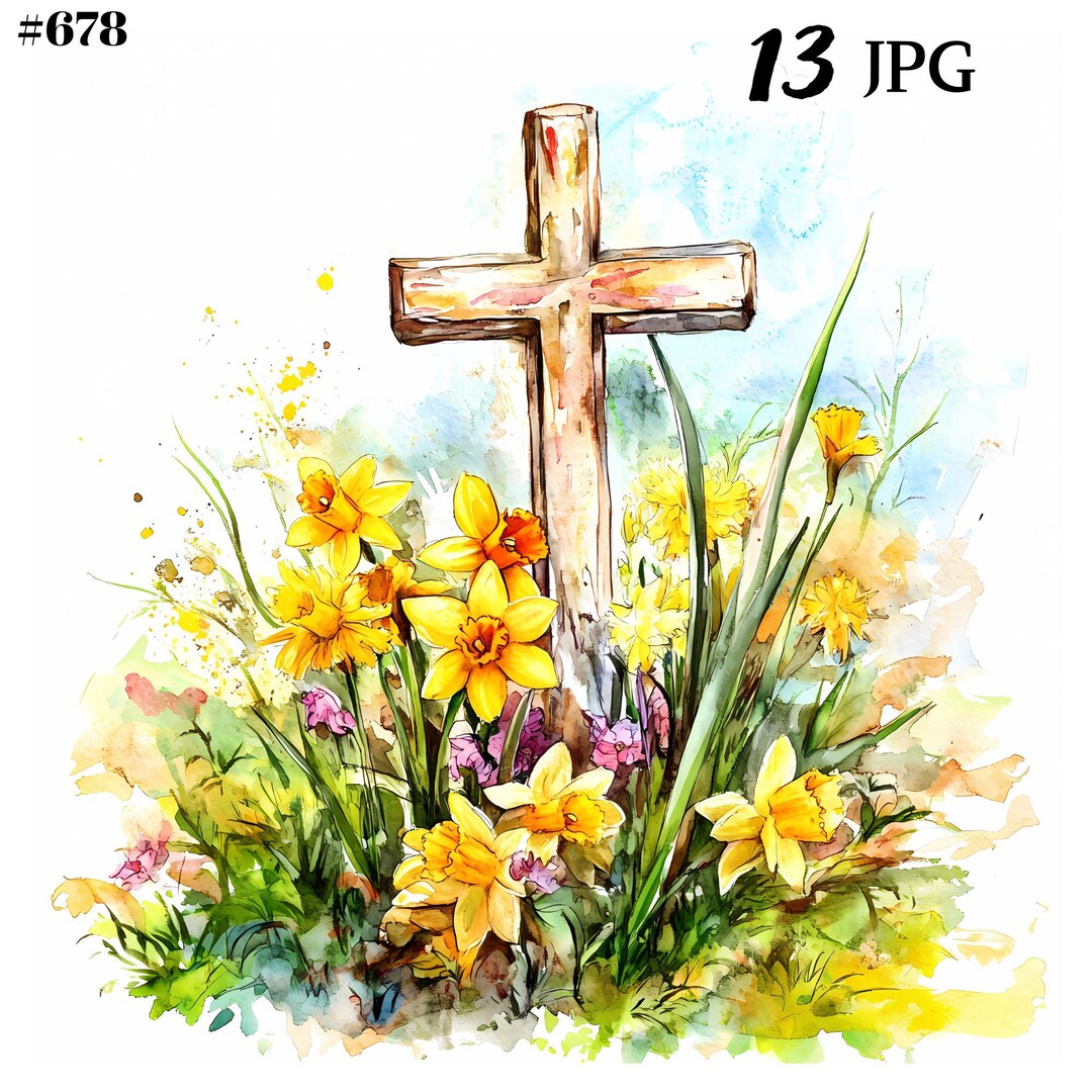Cross and Daffodils Clipart Bundle, 13 JPG Ideal for Religious Projects ...