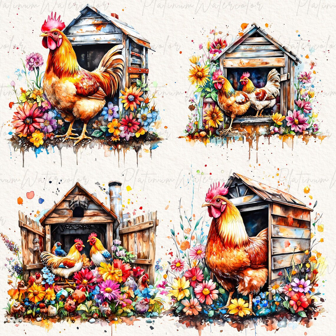 Chicken Coop Clipart, Watercolor Clipart, 10 PNG, Clipart Bundle ...
