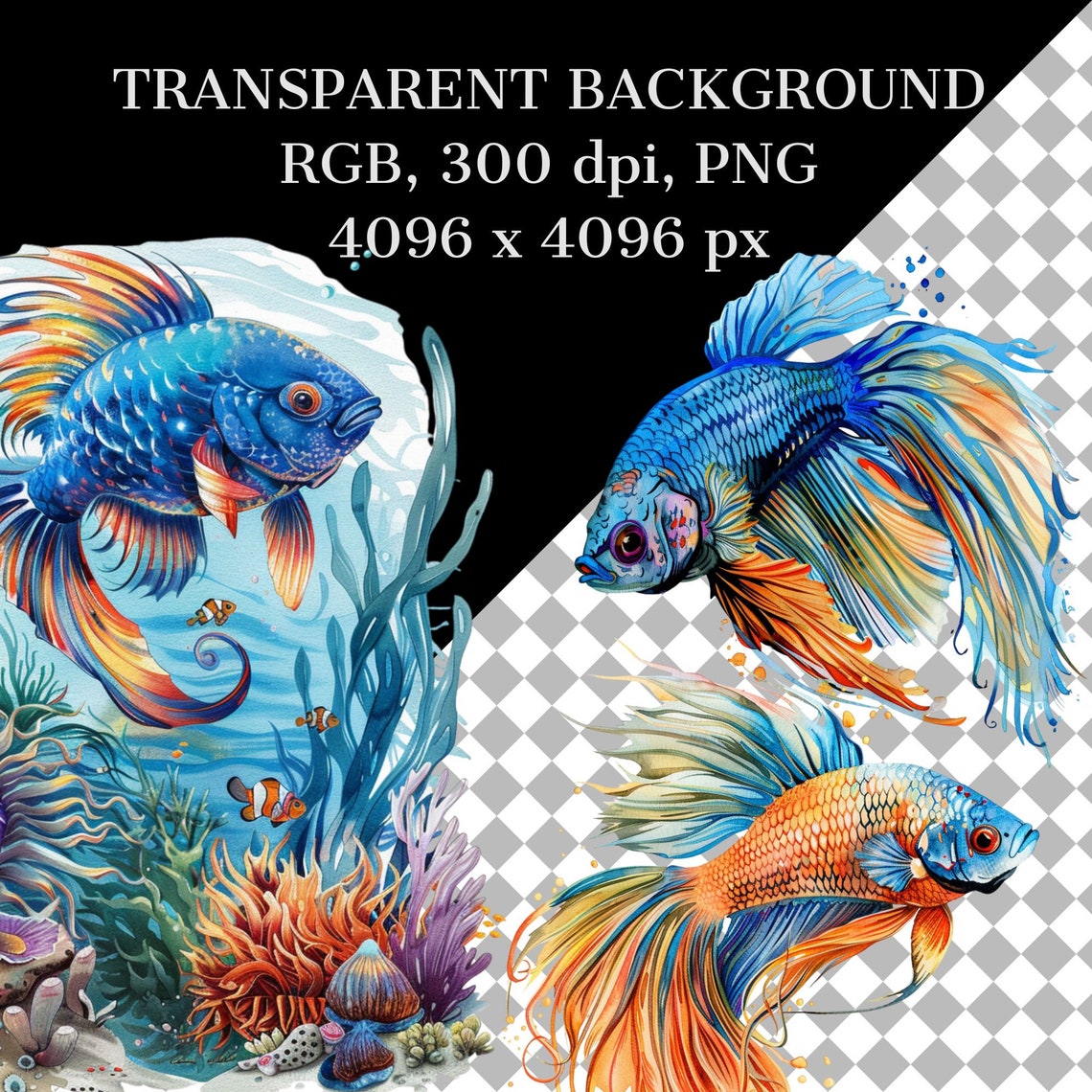 Fish Ocean Clipart Bundle, Sea Animals, Sea World Clipart, Transparent ...
