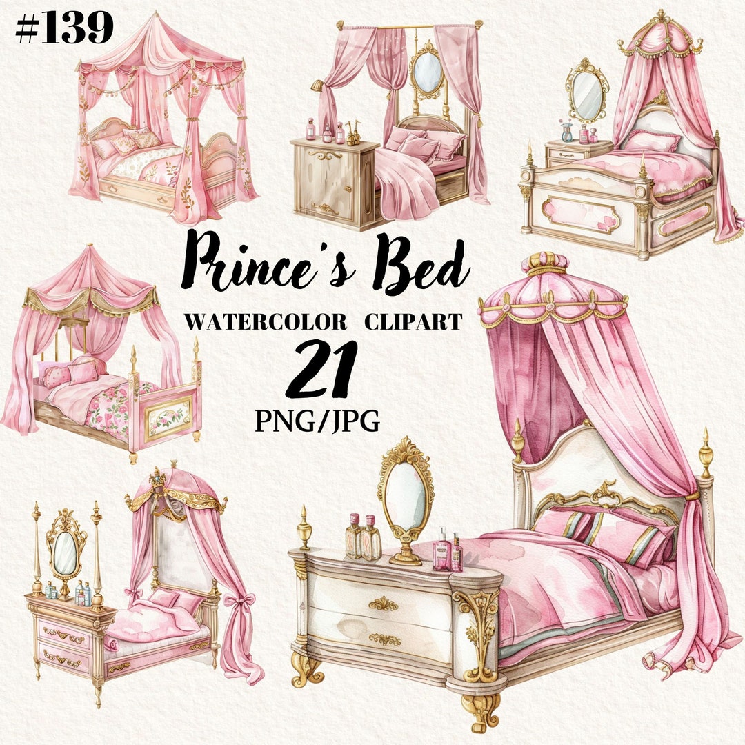Pink Princess Bed Clipart Bundle, Wedding Invitation, Baby Girl Clipart ...