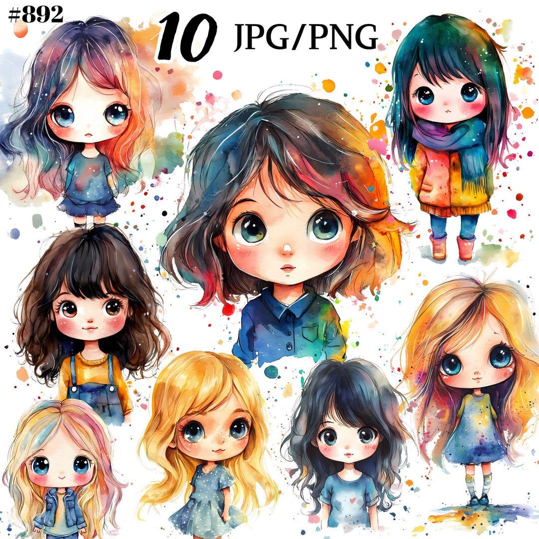 Chibi Clipart, Watercolor Chibi Girls PNG/JPG Digital Clipart Set for ...