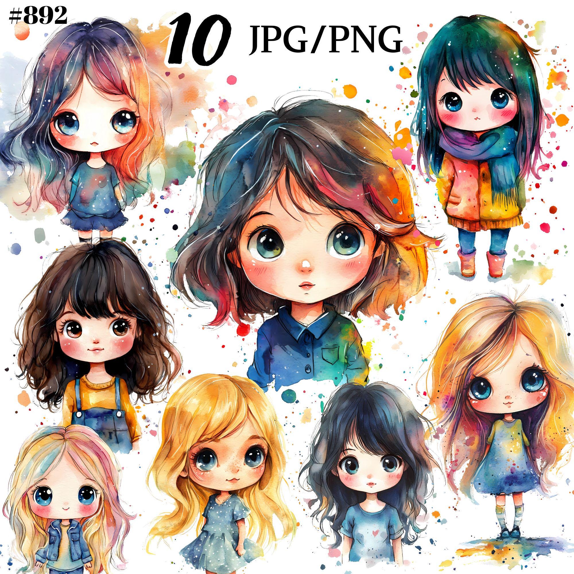 Chibi Clipart, Watercolor Chibi Girls PNG/JPG Digital Clipart Set for ...