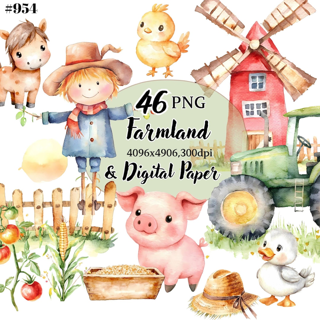 Watercolor Farm Clipart Bundle, Cute Farm Clipart and Digital Paper ...