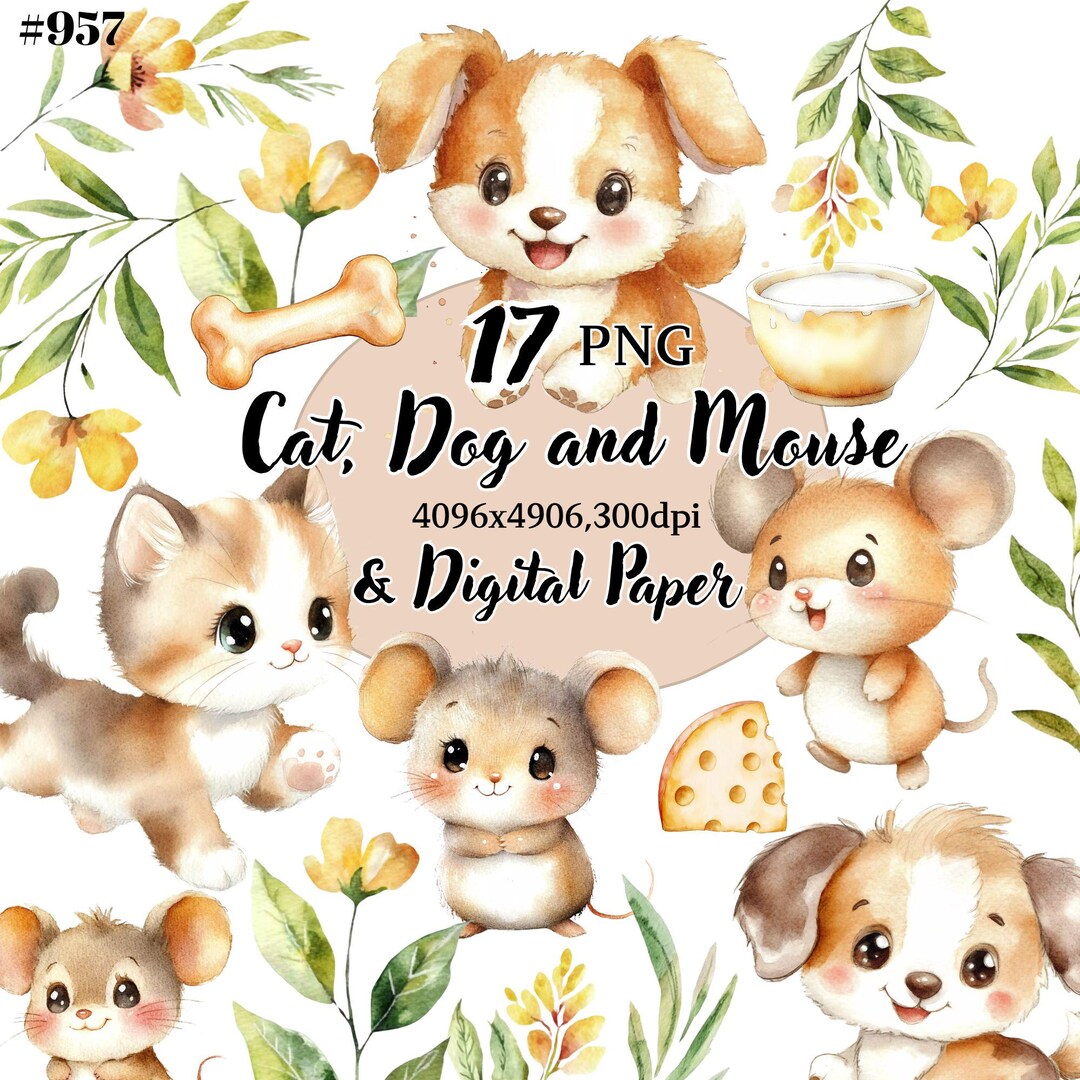 Watercolor Cat, Dog Clipart, Cute Animals, Nursery Clipart and Digital ...