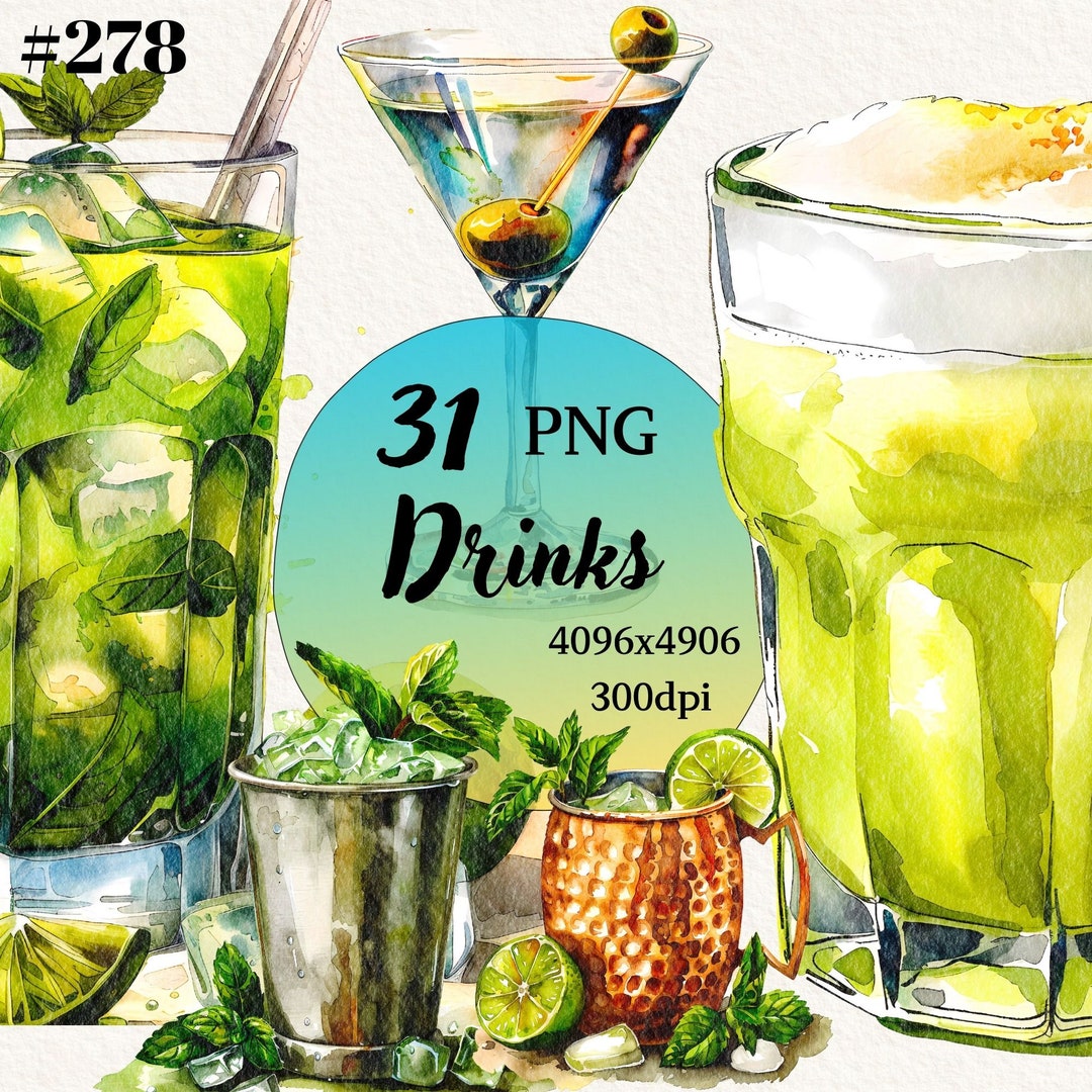 Watercolor Drinks Graphics PNG, Green Drinks, Transparent Background ...