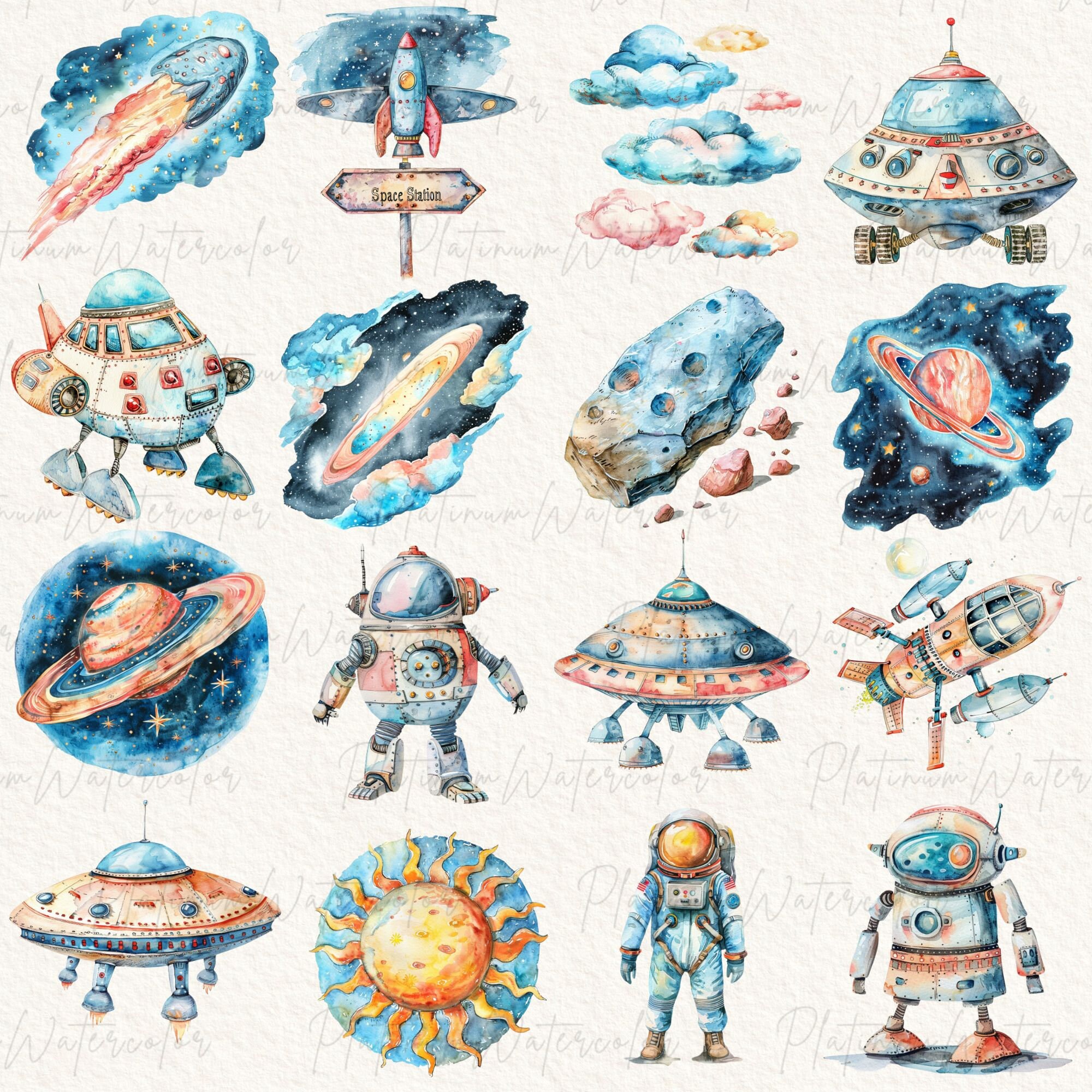 Watercolor Space Clipart Bundle, Nursery Decor, Space Birthday ...