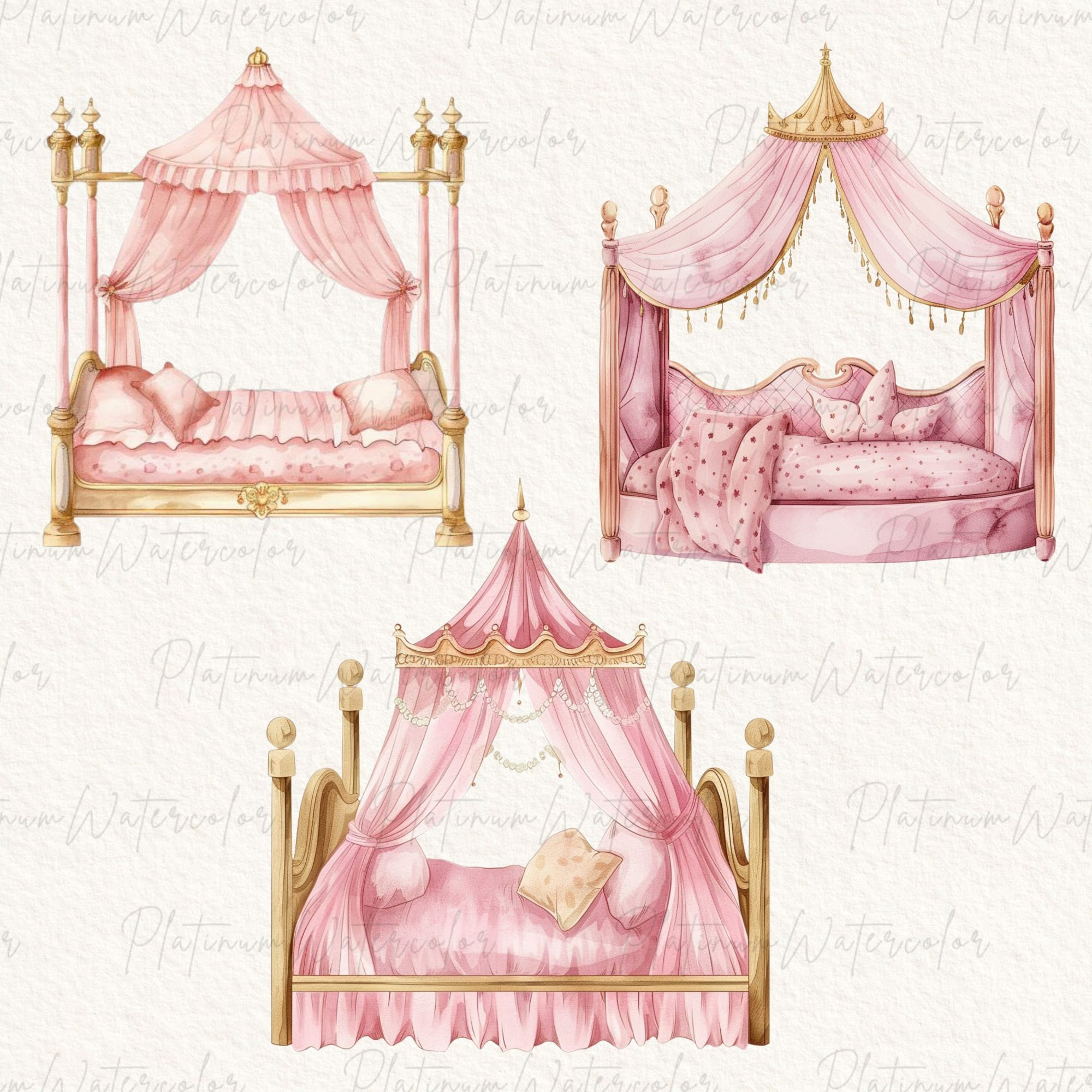 Pink Princess Bed Clipart Bundle, Wedding Invitation, Baby Girl Clipart ...