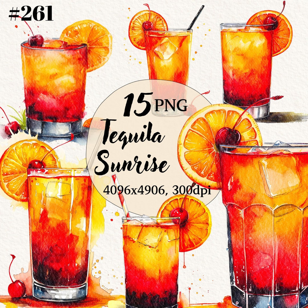 Tequila Sunrise Clipart Bundle, Watercolor Tequila Sunrise PNG ...
