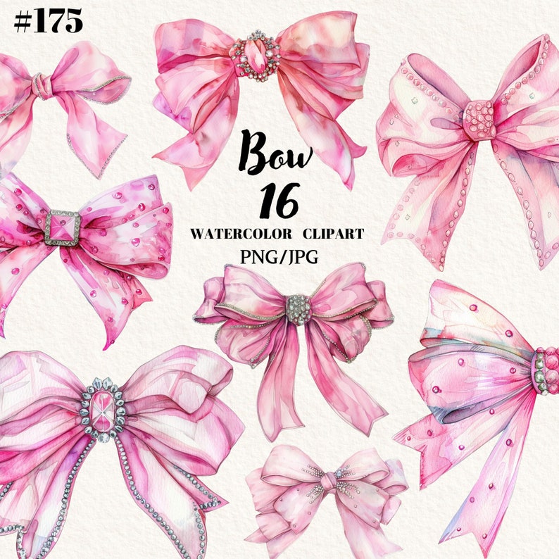 Pink Bow Digital Clipart, Watercolor Clipart, Bows Png, Transparent ...