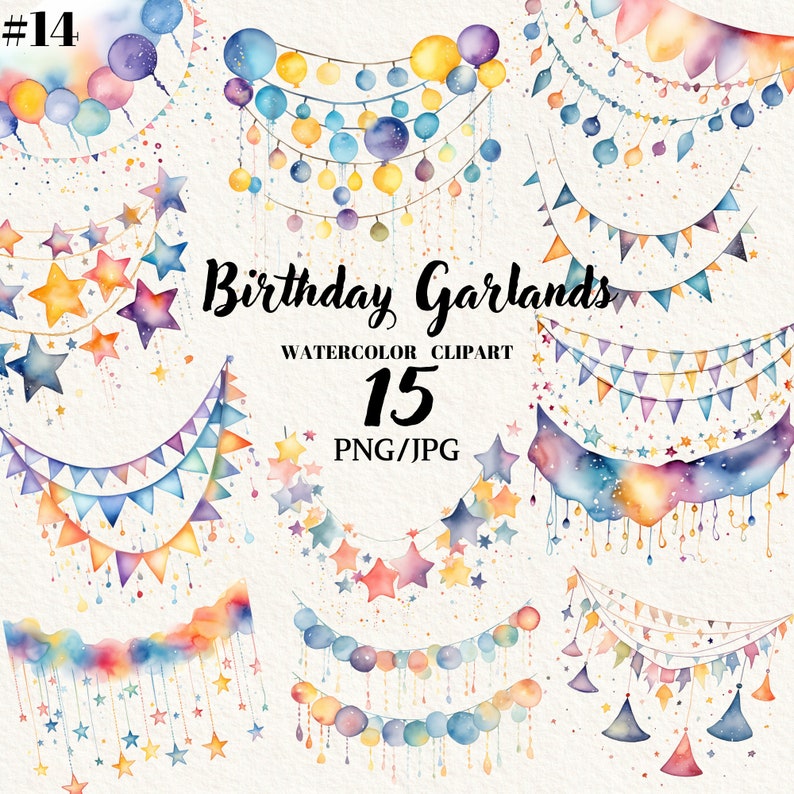 Birthday Banners, Birthday Party Garland Clipart, Bundle of 15 ...