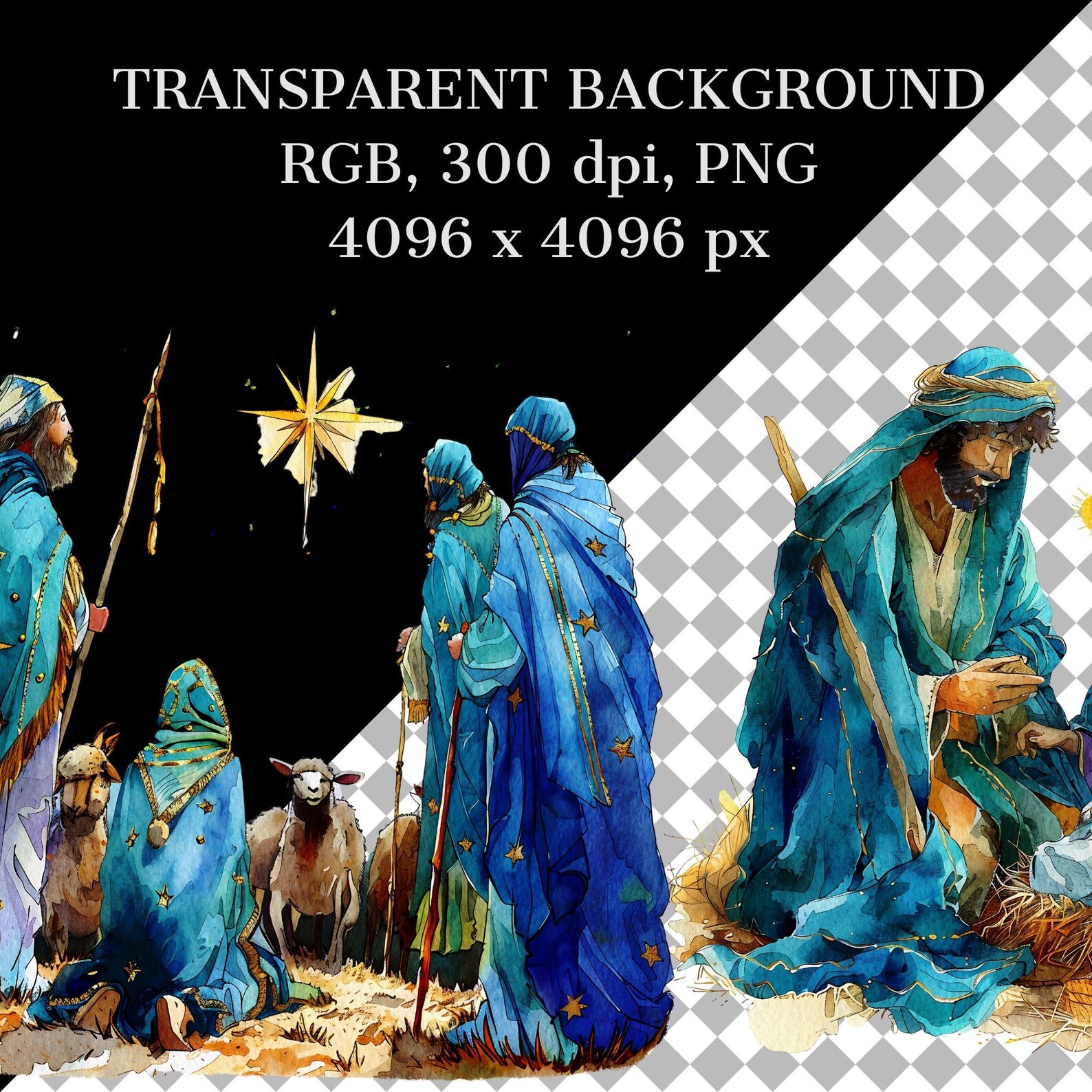Nativity Set Clipart Bundle, Watercolor Christmas Clipart, Transparent ...