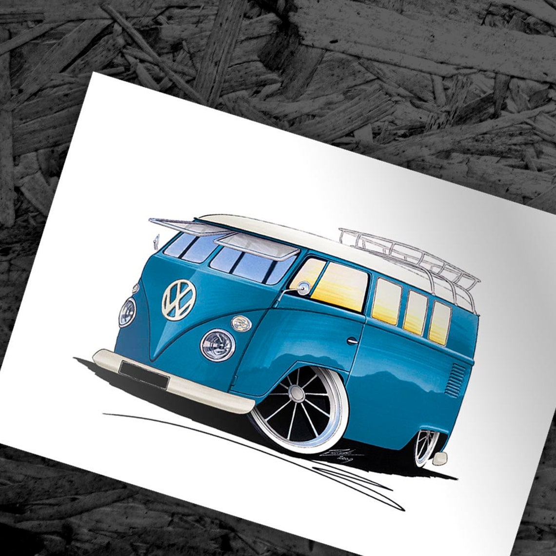 Retro Camper VW Splitty Bus Caricature Car Art Cartoon Split-screen ...