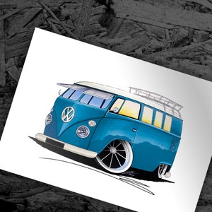 Retro Camper VW Splitty Bus Caricature Car Art Cartoon Split-screen ...