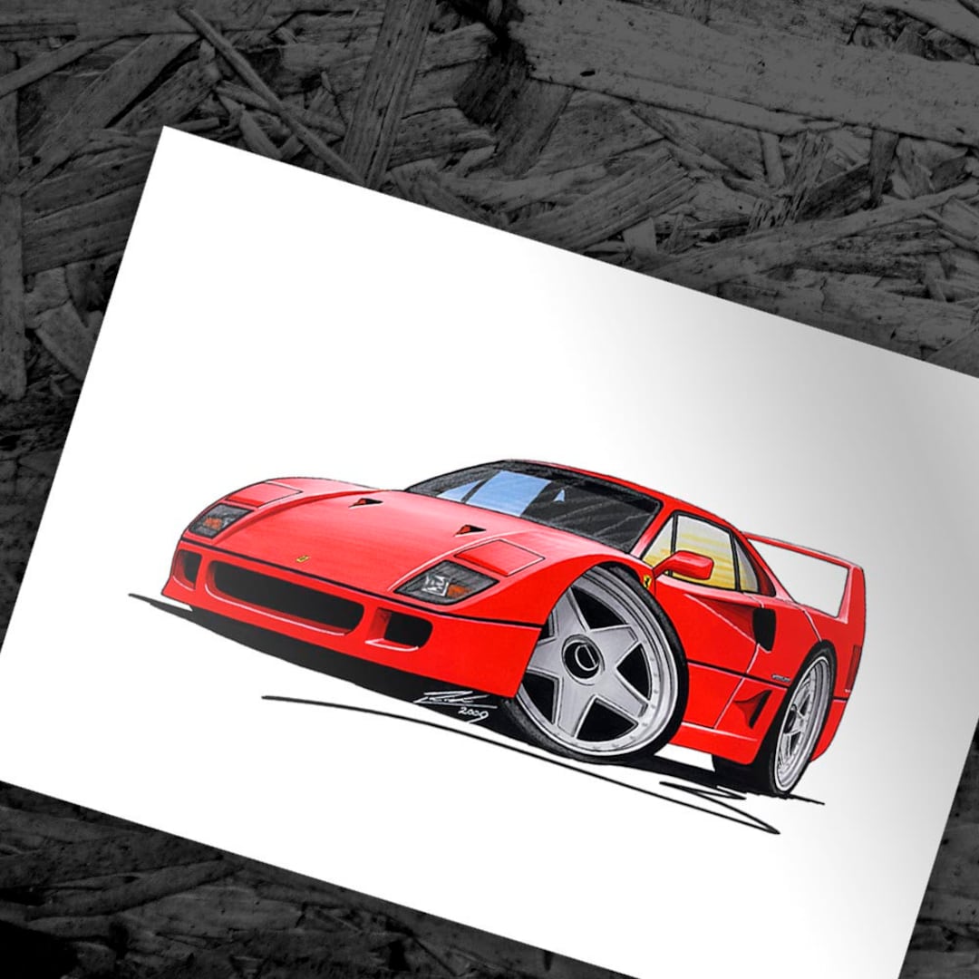 Ferrari F40 Car Art Cartoon Illustration Retro 80s Supercar Poster Red ...