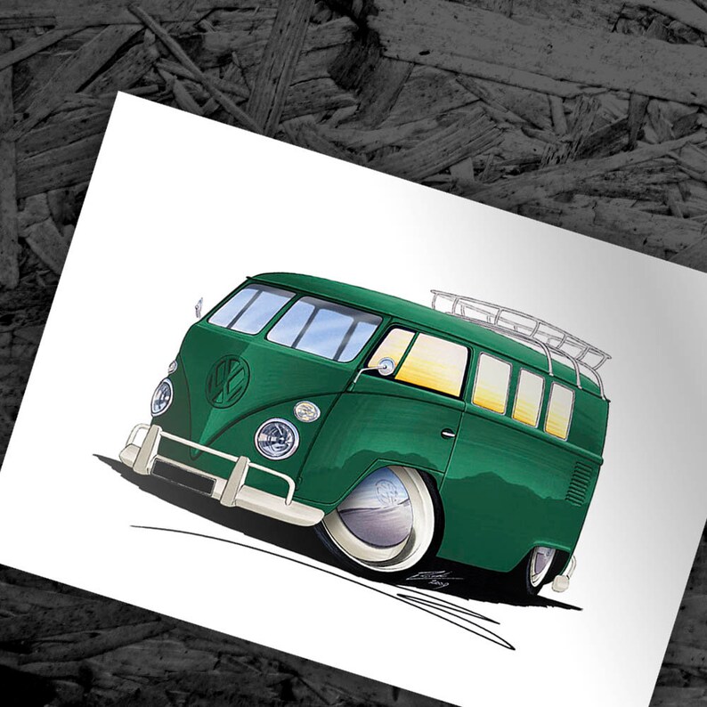 Retro Camper VW Splitty Bus Caricature Car Art Cartoon Split-screen ...