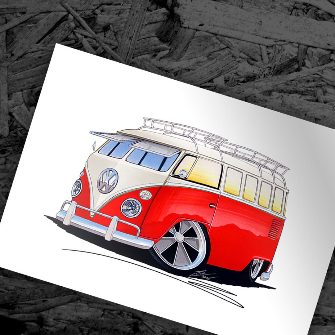 Retro Camper VW Splitty Bus Caricature Car Art Cartoon Split-screen ...